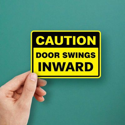 "Caution Door Swings Inward" Safety Sticker - Stickers Factory